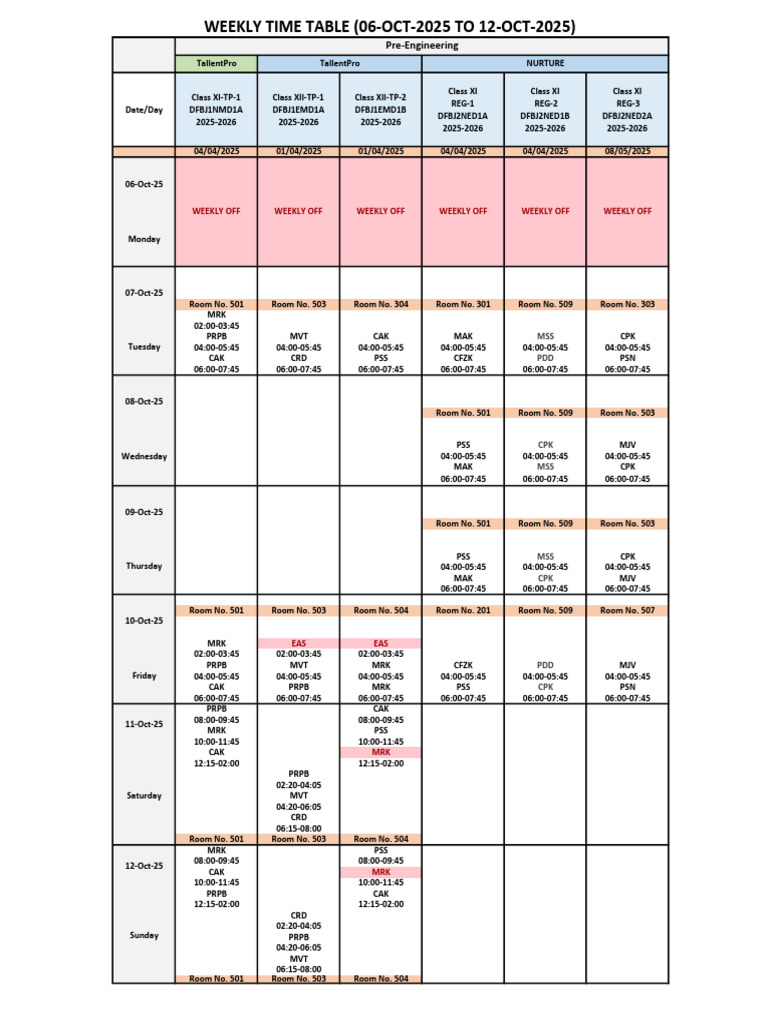 Jee Time Table 06 Oct To 12 Oct | PDF