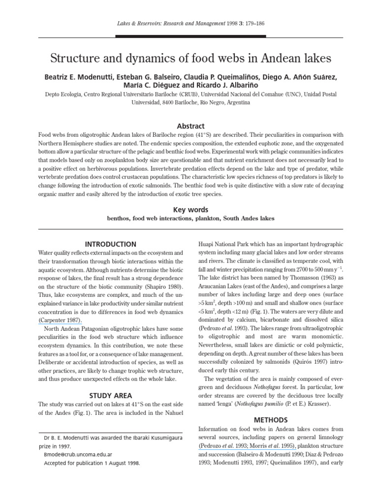 Structure and Dynamics of Food Webs in Andean Lakes (Modenutti Et Al ...