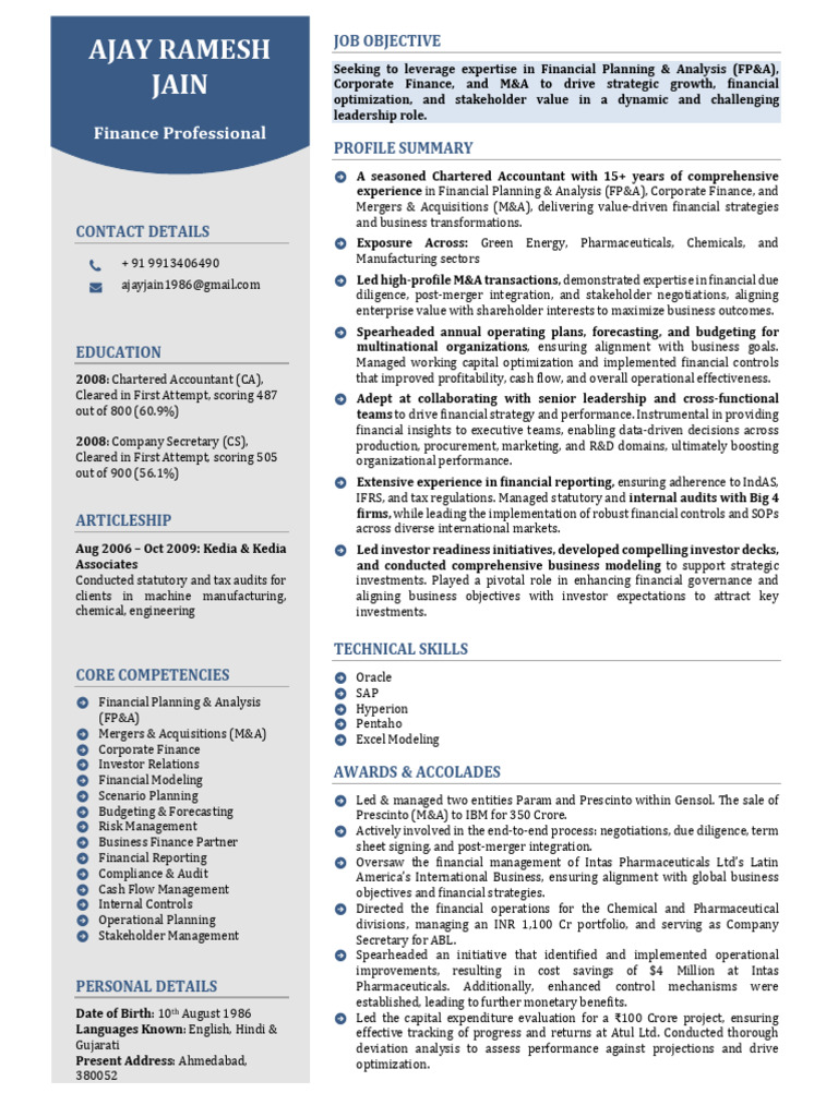 Ajay Ramesh Jain: Finance Professional | PDF | Mergers And Acquisitions ...