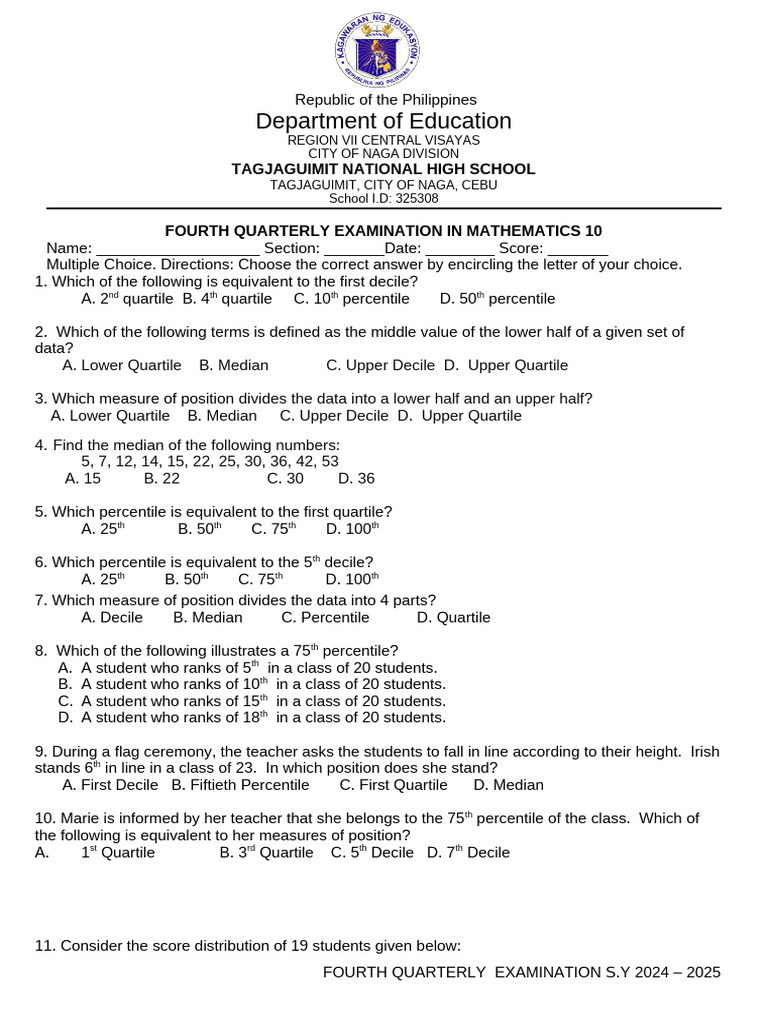Math 10 Fourth Quarterly Examination | PDF | Percentile | Quartile