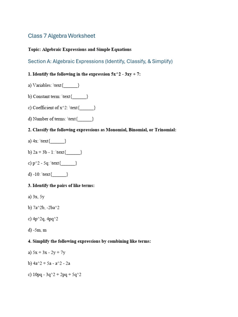 Grade 7 Algebra Expressions Worksheet | PDF