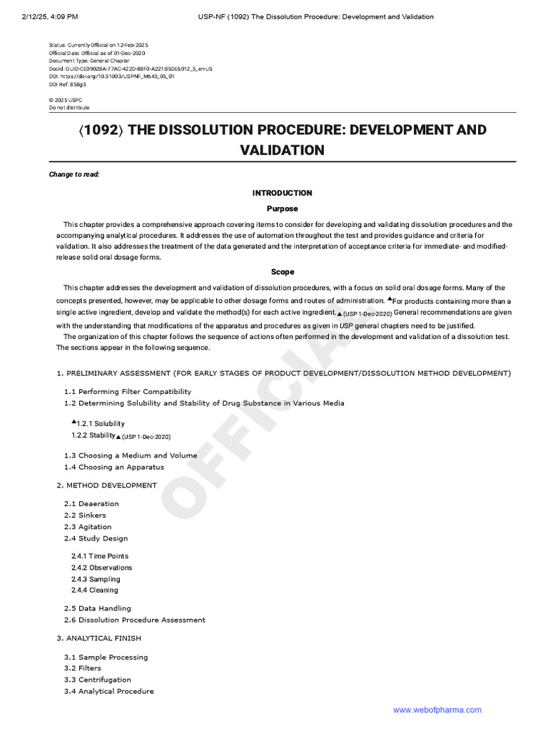 USP 1092: Dissolution Procedure Guide | PDF | Filtration | Buffer Solution