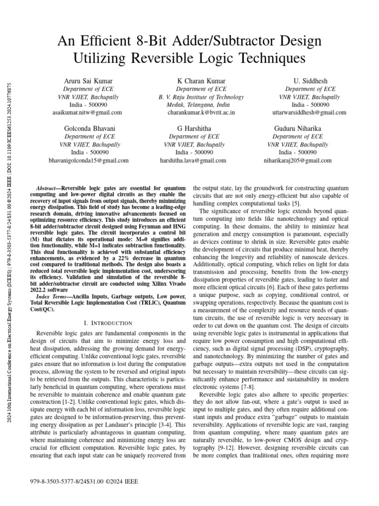 An Efficient 8-Bit Adder Subtractor Design Utilizing Reversible Logic ...