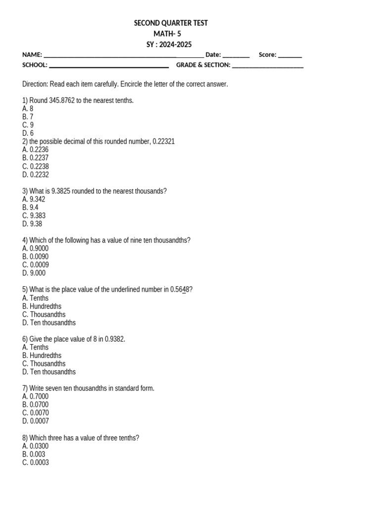 Test Question Math Second Quater | PDF | Arithmetic | Mathematics