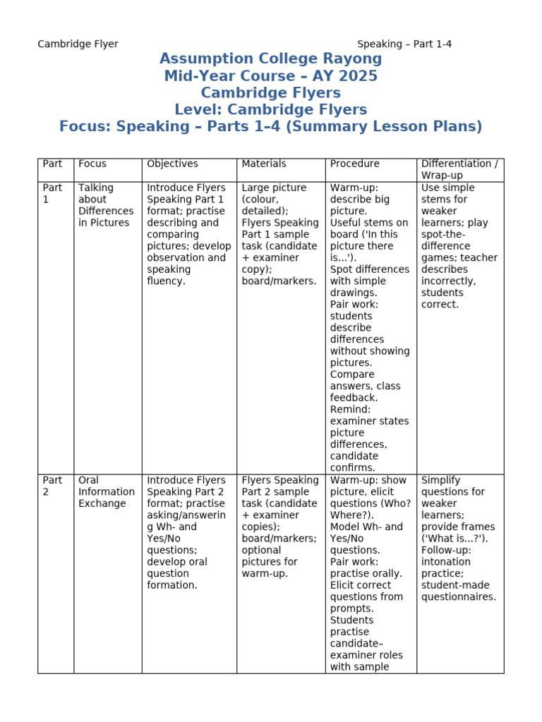 Cambridge Flyers Speaking Lesson Plans | PDF | Question | Cognitive Science