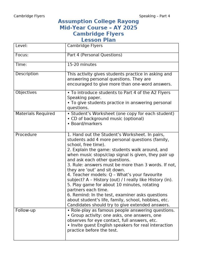 Cambridge Flyers LP SpeakingPart4 | PDF