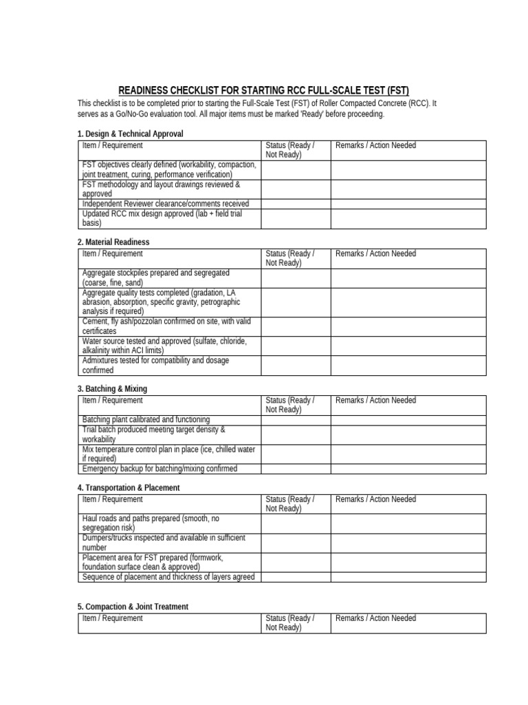 RCC Full-Scale Test Readiness Checklist | PDF | Concrete | Building ...