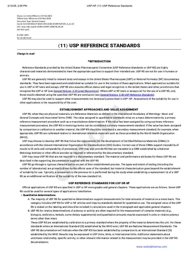 USP Reference Standards Overview | PDF | Metrology | Calibration