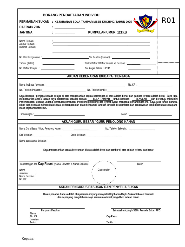 BORANG RO1 MSSB KUCHING - BOla Tampar 2025 | PDF