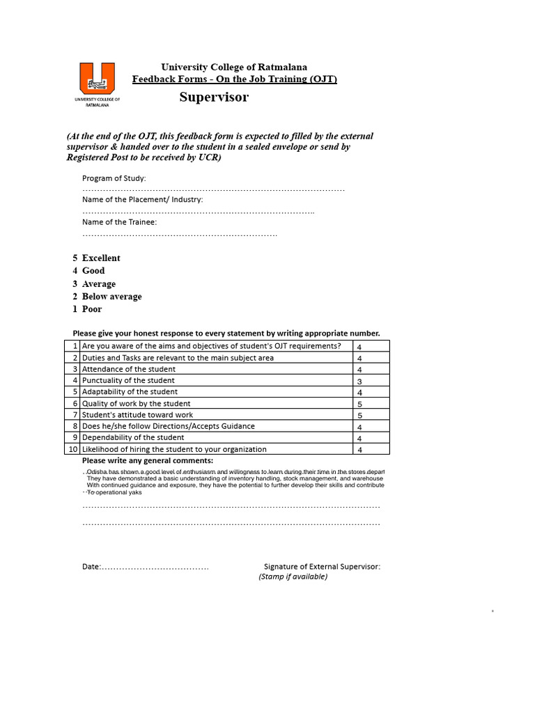 Feed Back Forms - XLSX - New OJT - Supervisor | PDF | Business