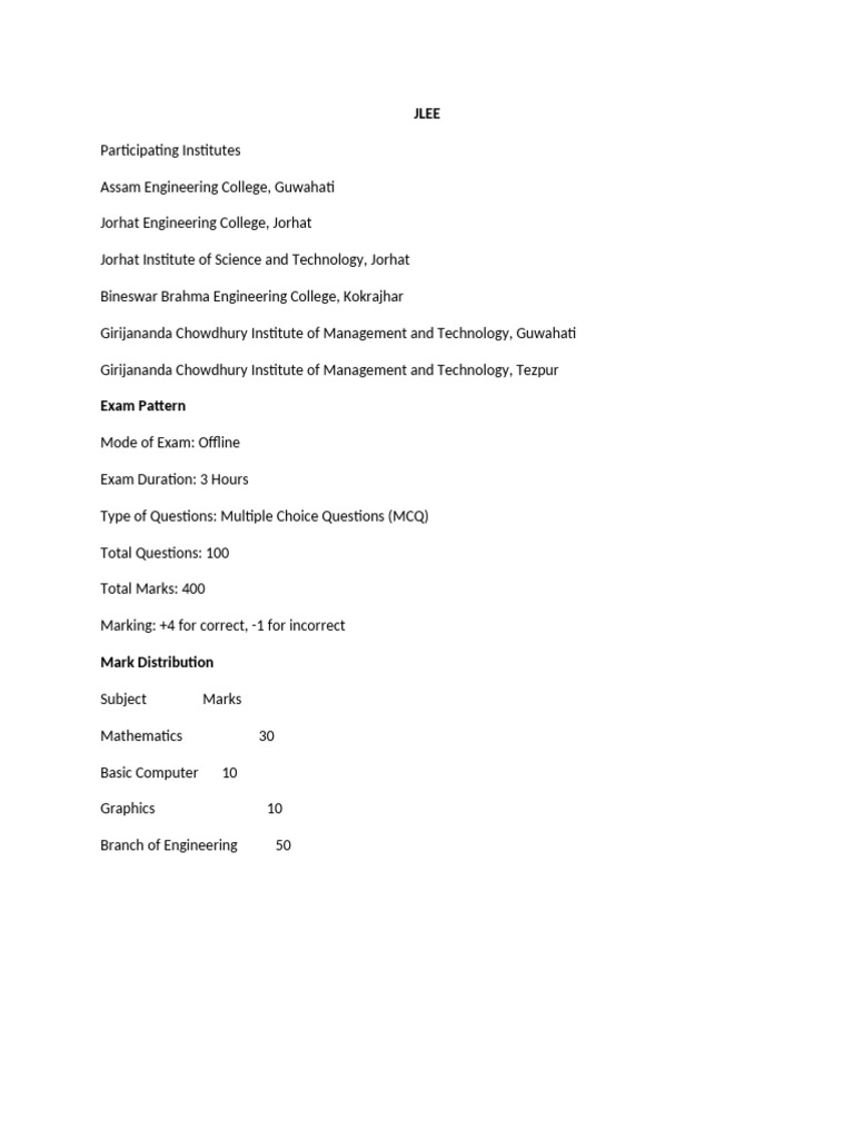 JLEE Exam Pattern and Syllabus Guide | PDF | Engineering | Mathematics