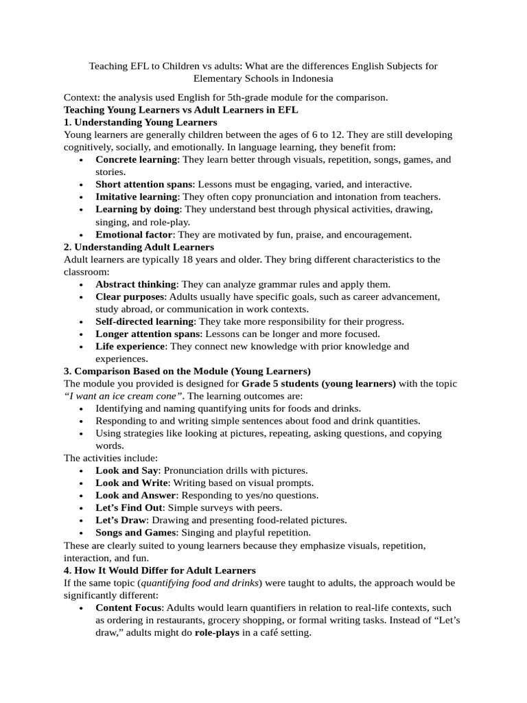 EFL Teaching: Kids vs Adults Strategies | PDF | Learning | English As A ...