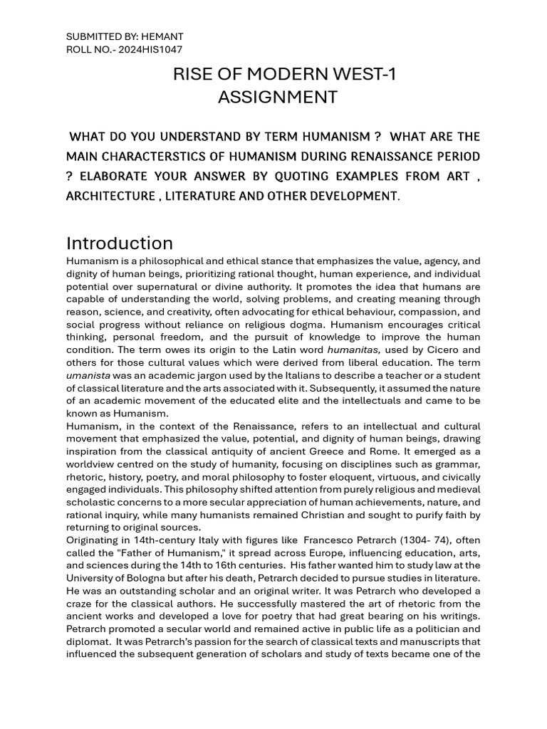 RISE OF MODERN WEST Assignment | PDF | Humanism | Renaissance