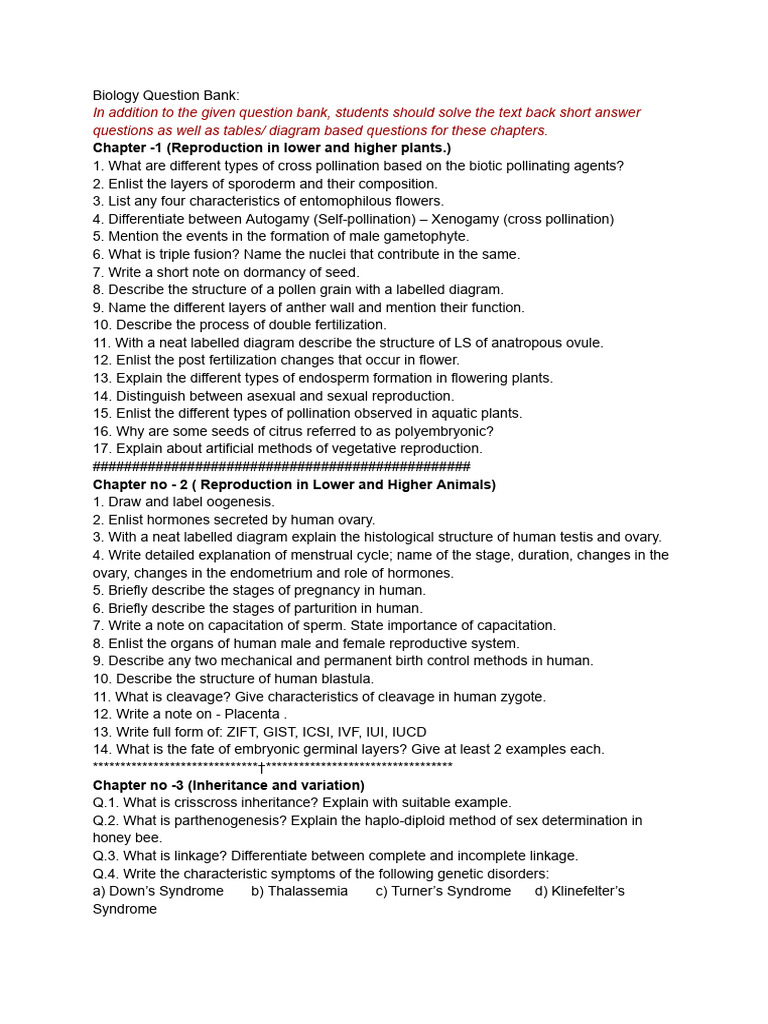 SYJCTerminal Biology Question Bank | PDF | Plant Reproduction | Pollination