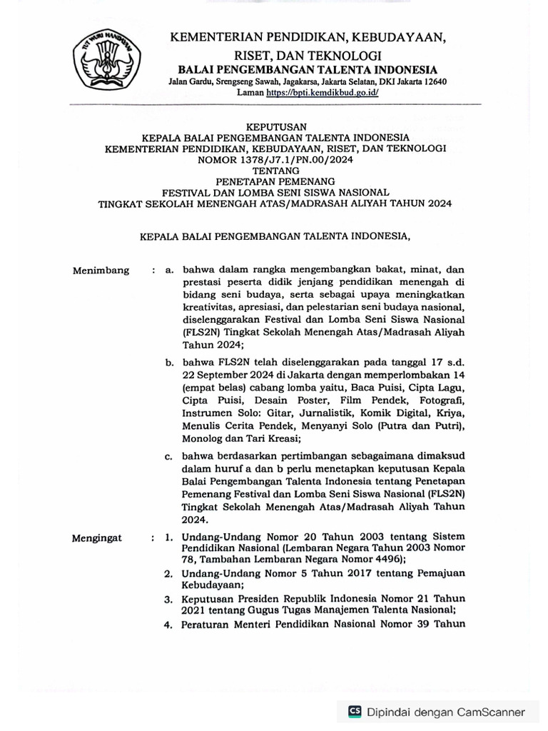 SK Penetapan Pemenang FLS2N-SMA Tahun 2024 | PDF