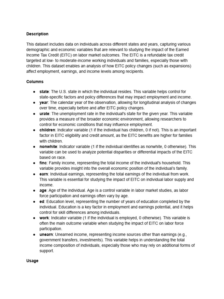 Earned Income Tax Credit (EITC) Dataset | PDF | Earned Income Tax ...