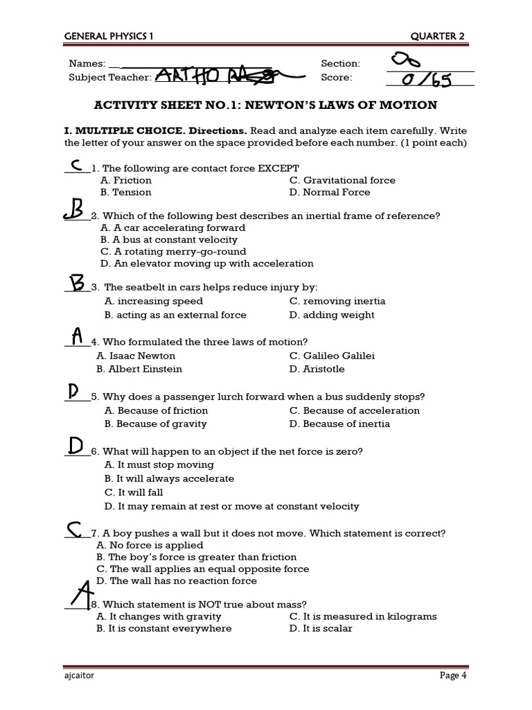 Activity Sheet 1 - Newtons Laws of Motion | PDF | Force | Inertia