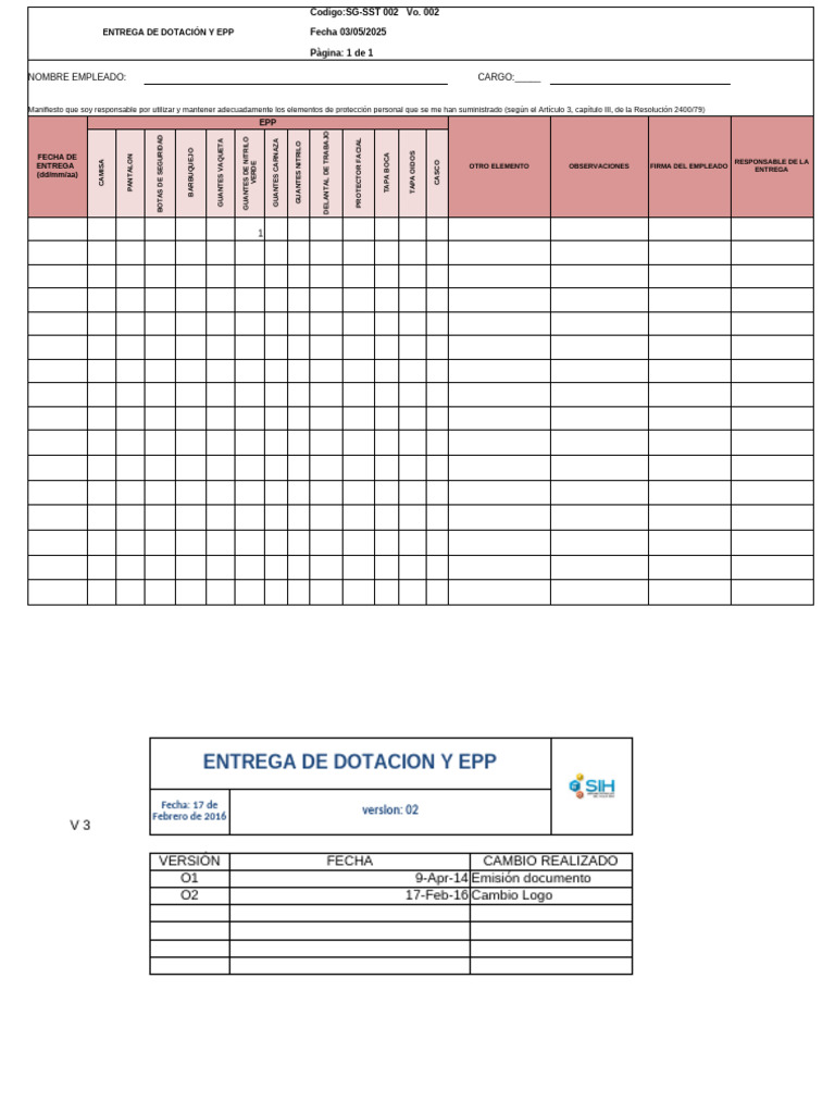 SG0718.V01 Entrega de Dotación y EPP | PDF