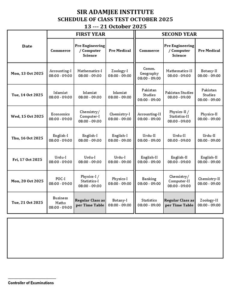 Timetable (Class Test - 01) 2025-26 | PDF