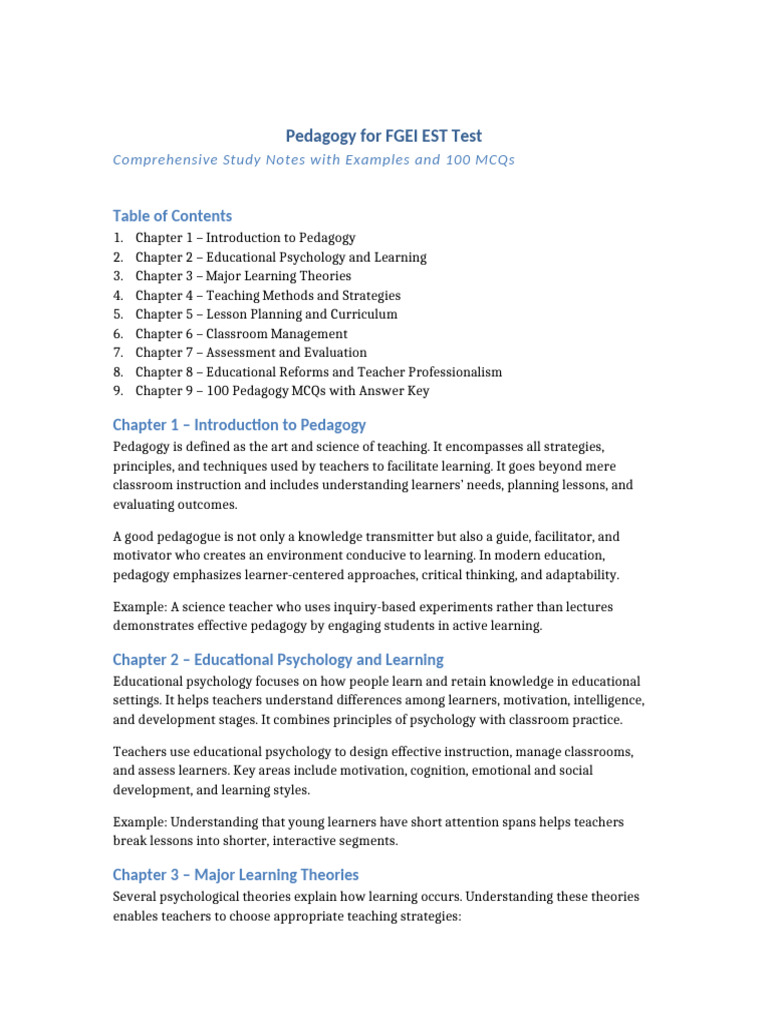 Pedagogy For FGEI EST Test Complete Book | PDF | Pedagogy | Educational ...
