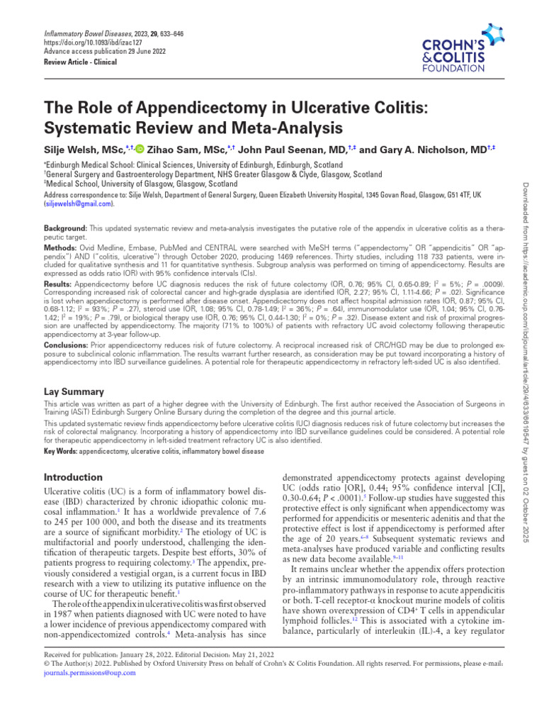 The Role of Appendicectomy in Ulcerative Colitis Systematic Review and ...