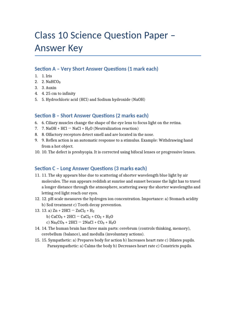 Class 10 Science Answer Key | PDF