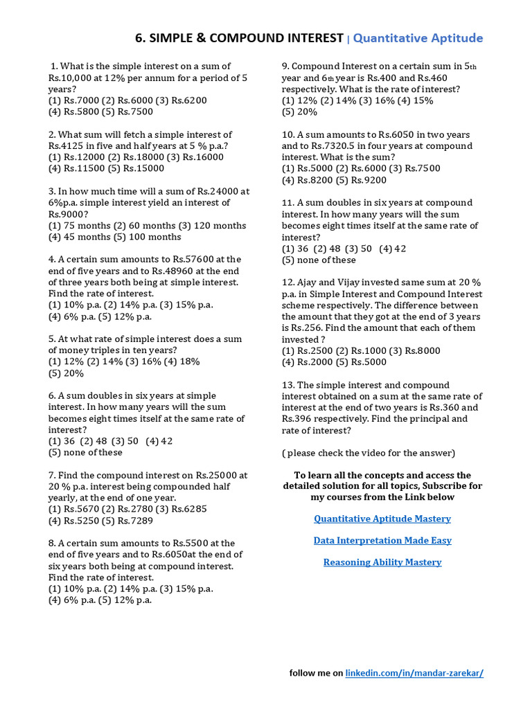 Simple & Compound Interest Questions | PDF | Interest | Compound Interest