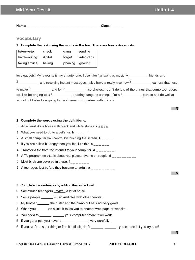 Mid-Year Test A: English Vocabulary & Grammar | PDF