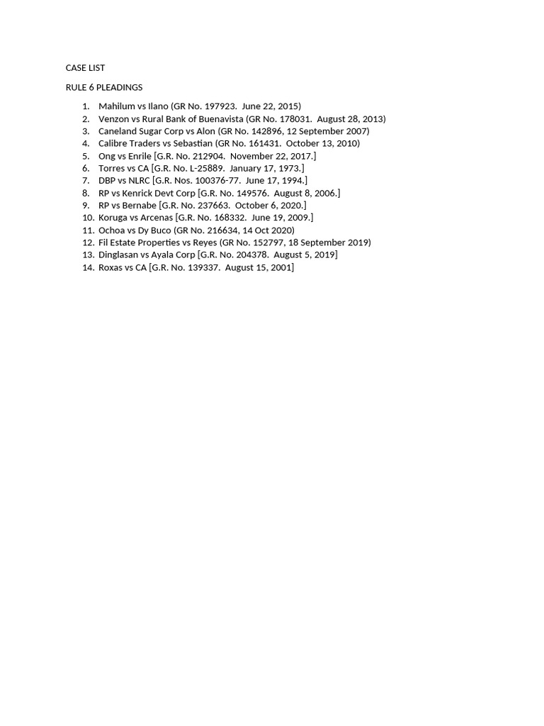 Case List Pleadings | PDF