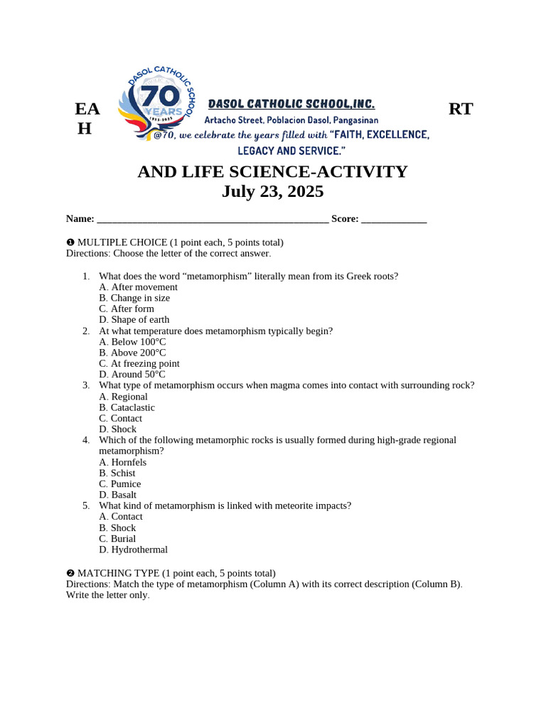 Earth and Life Science July 23 2025 | PDF