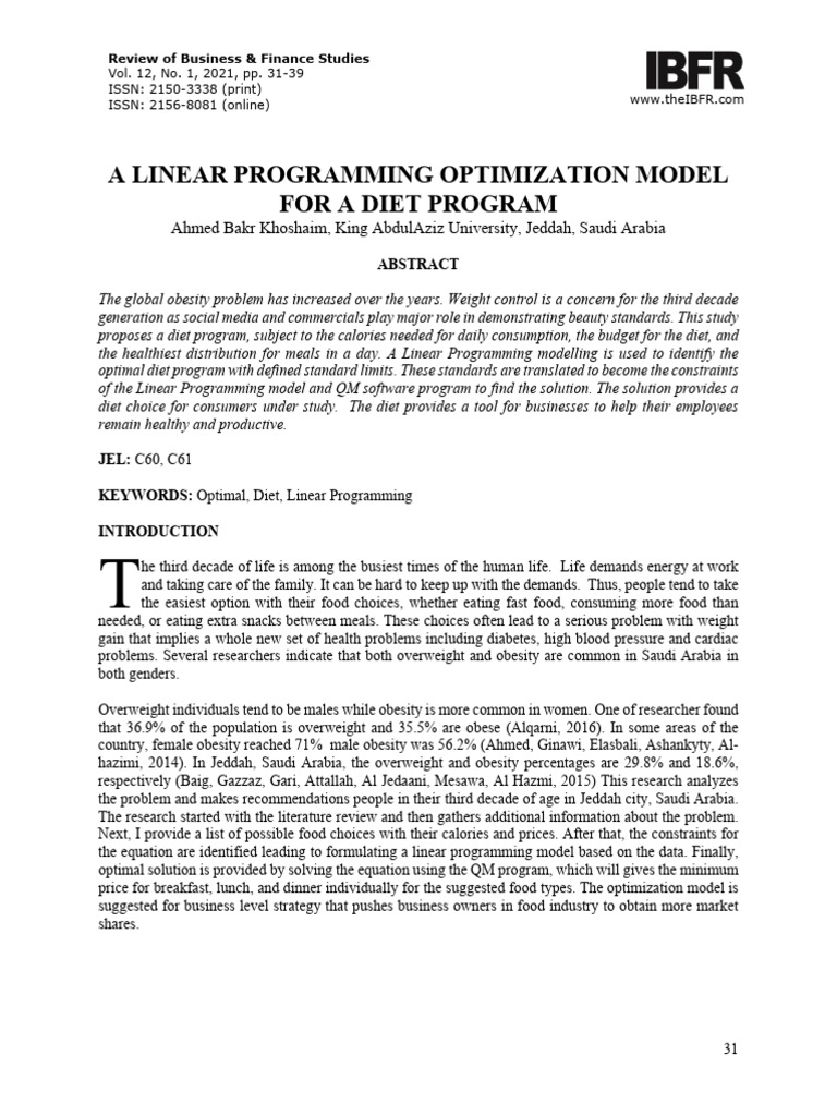 Article - Linear Programming On A Diet | PDF | Dieting | Mediterranean Diet