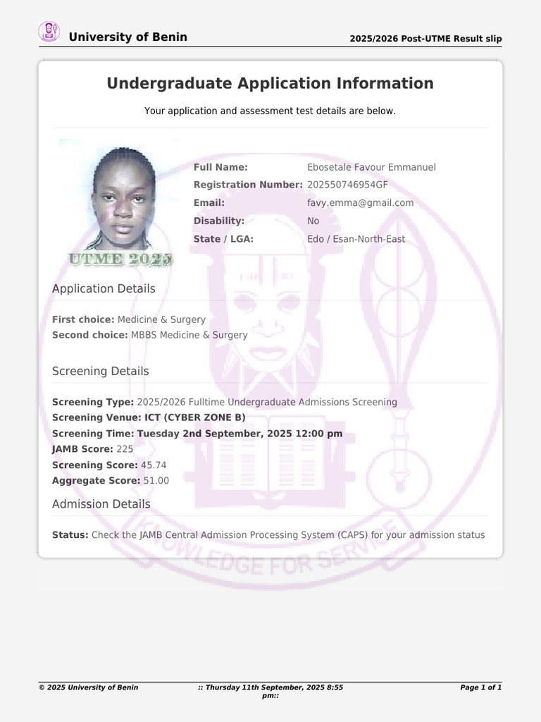 University of Benin 2025/2026 Post-UTME Results | PDF