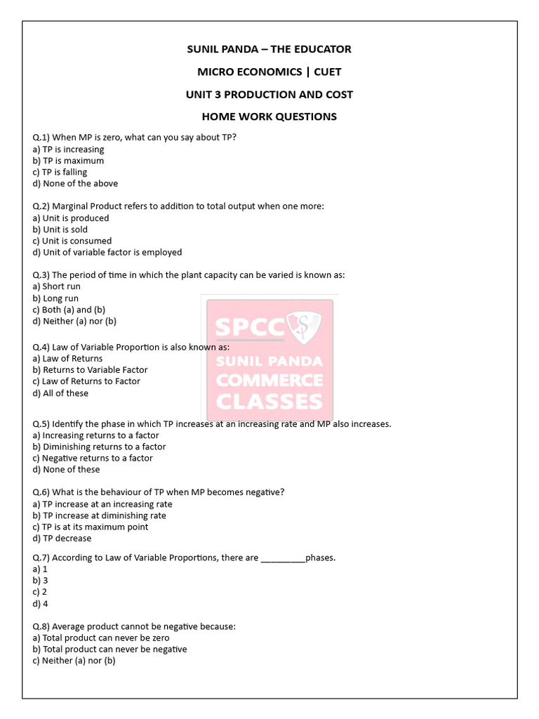 Micro Unit 3 Production and Cost Home Work Questions PDF | PDF ...