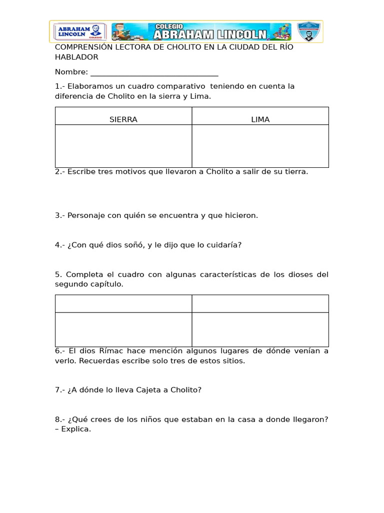 Comprensión Lectora: Cholito en Lima | PDF