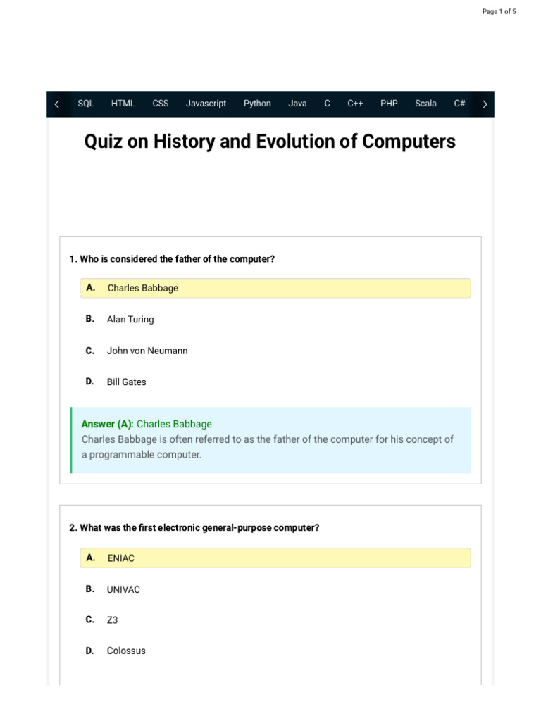 Quiz On History and Evolution of Computers | PDF