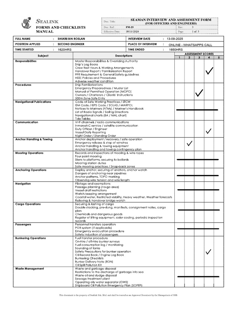 Interview Summary for 2nd Engineer Position | PDF