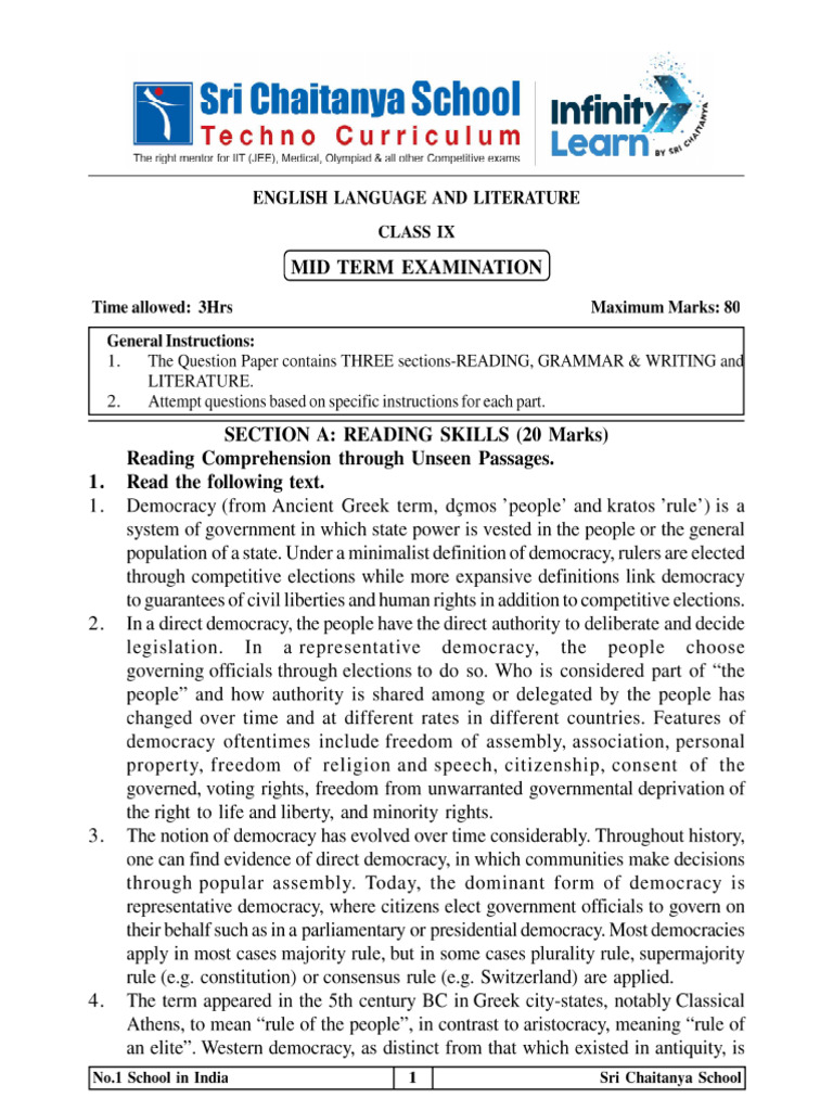 CBSE English Class 9 Mid Term Examination Question Paper 2024. | PDF