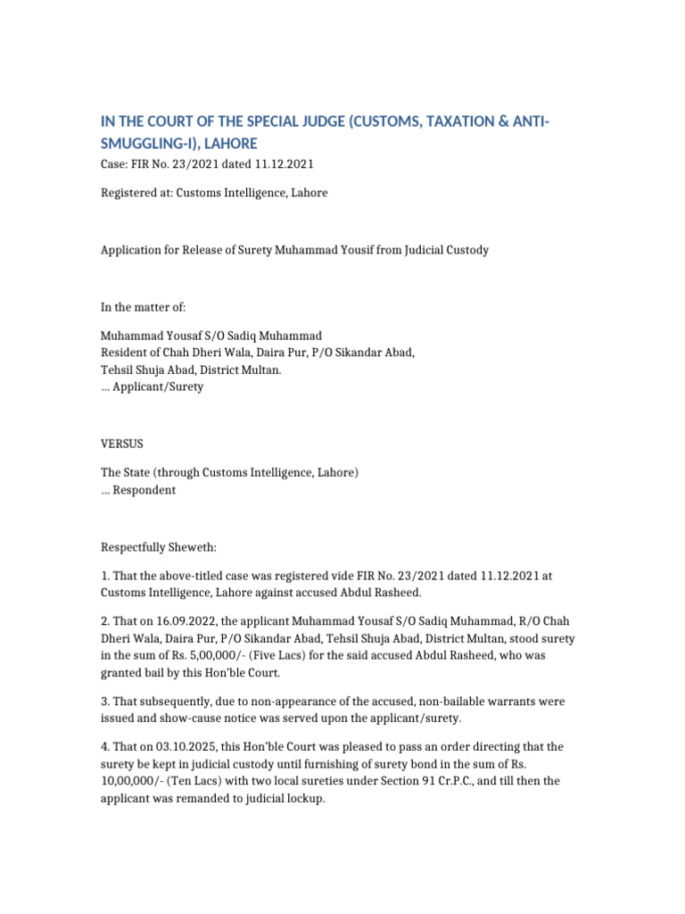 Application For Release of Surety | PDF | Bail | Government