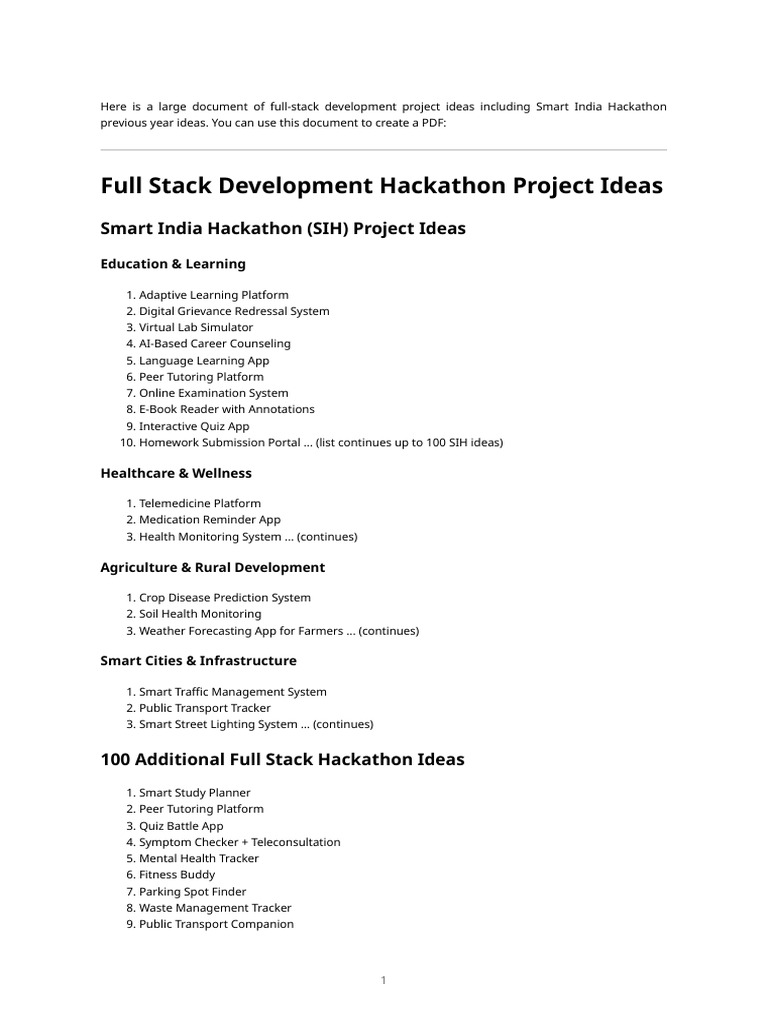 SIH Full Stack Project Ideas List | PDF