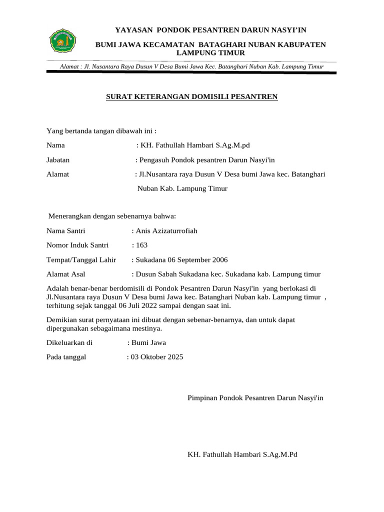 Surat Keterangan Domisili Pesantren Anis Azizaturrofiah | PDF