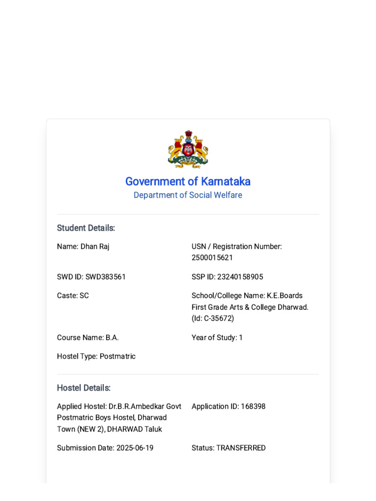 Karnataka Student Hostel Application Details | PDF