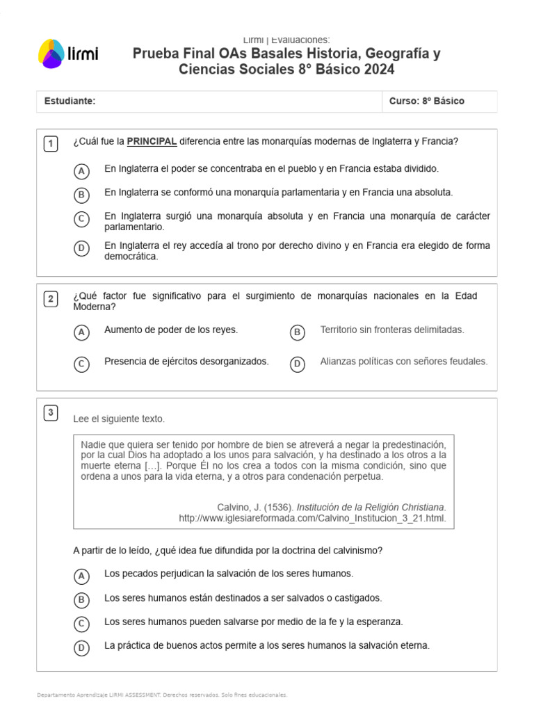 Evaluación de Historia 8° Básico 2024 | PDF | Chile