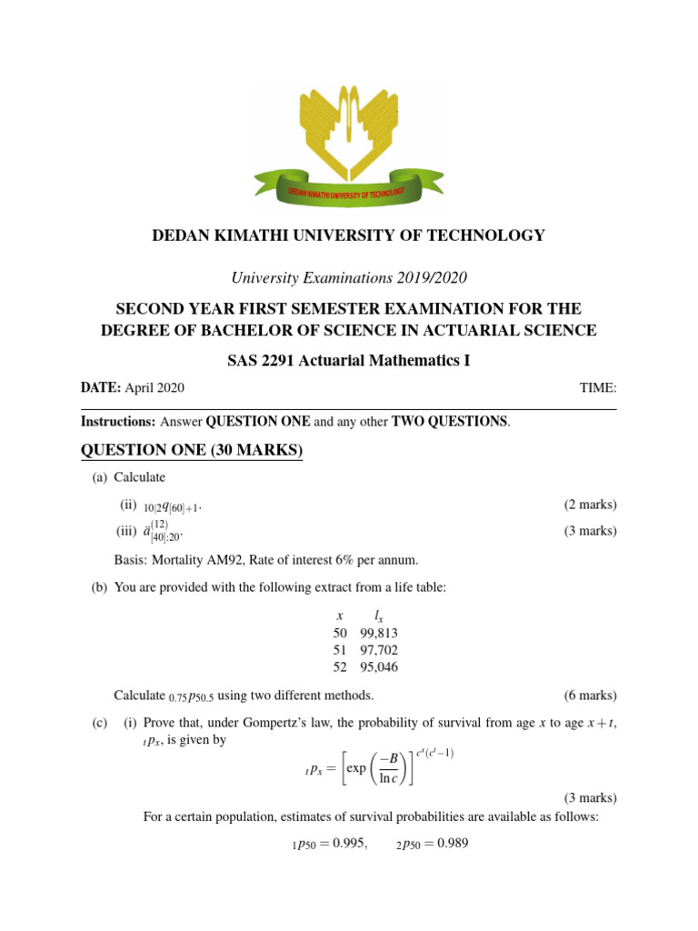 Actuarial Mathematics Exam 2020 | PDF | Life Insurance | Financial Services