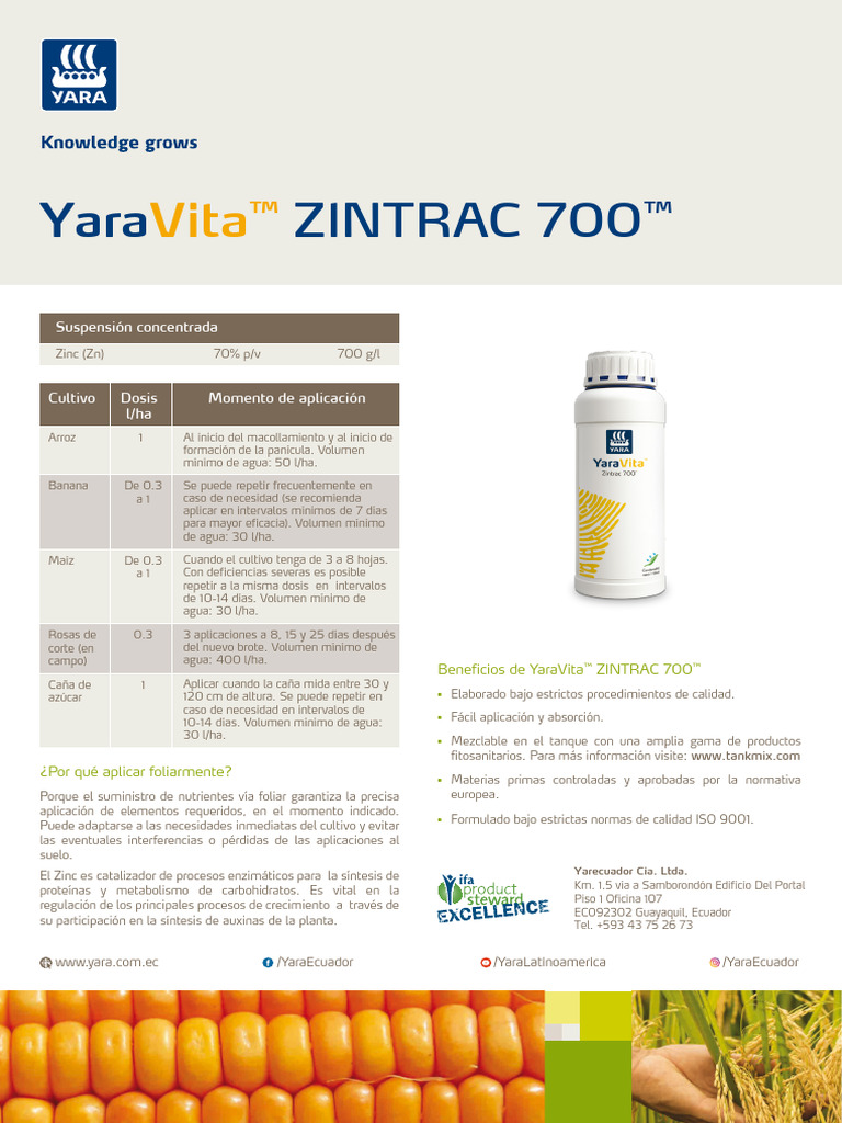 Dosis y Aplicación de YaraVita ZINTRAC 700 | PDF | Agua