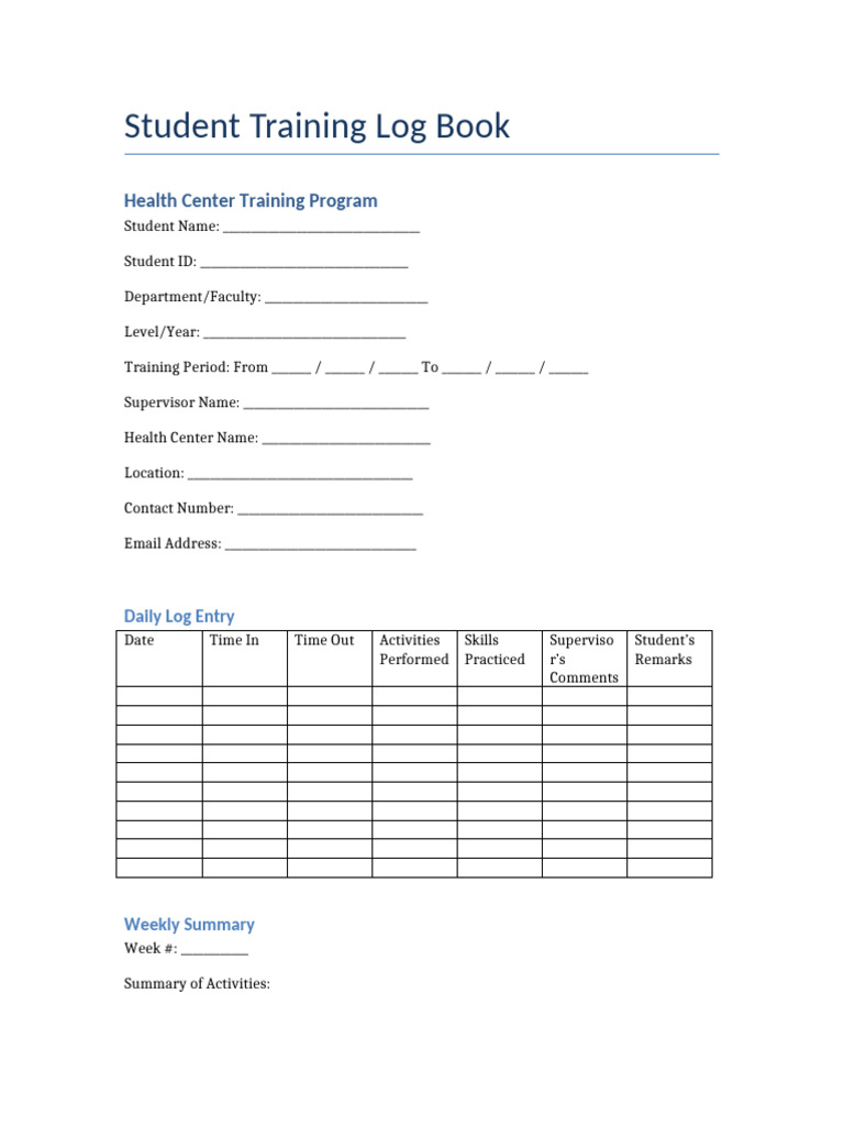 Student Training Log Book Health Center | PDF