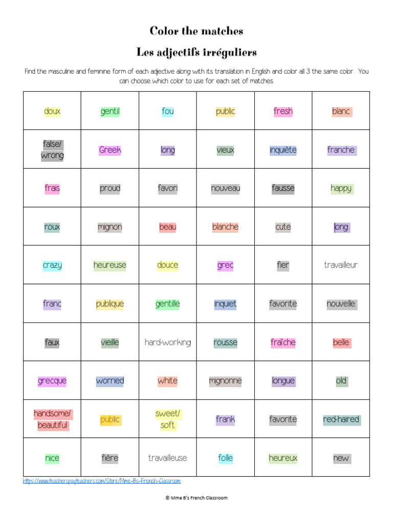 Irregular Adjectives in French Coloring Activity | PDF