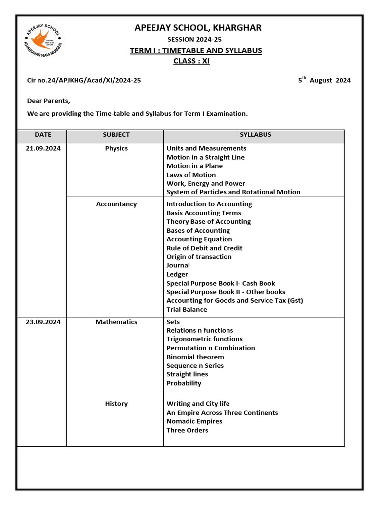 CIR NO 24 Class XI Timetable and Syllabus For Term I | PDF | Chemistry