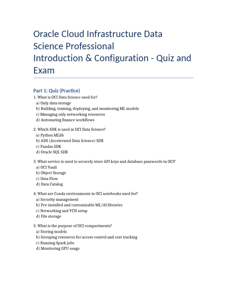 OCI Data Science Intro Config Quiz Exam | PDF