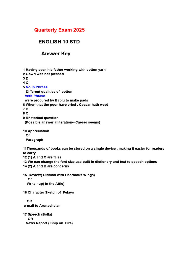 English 10 Quarterly Exam Answer Key | PDF