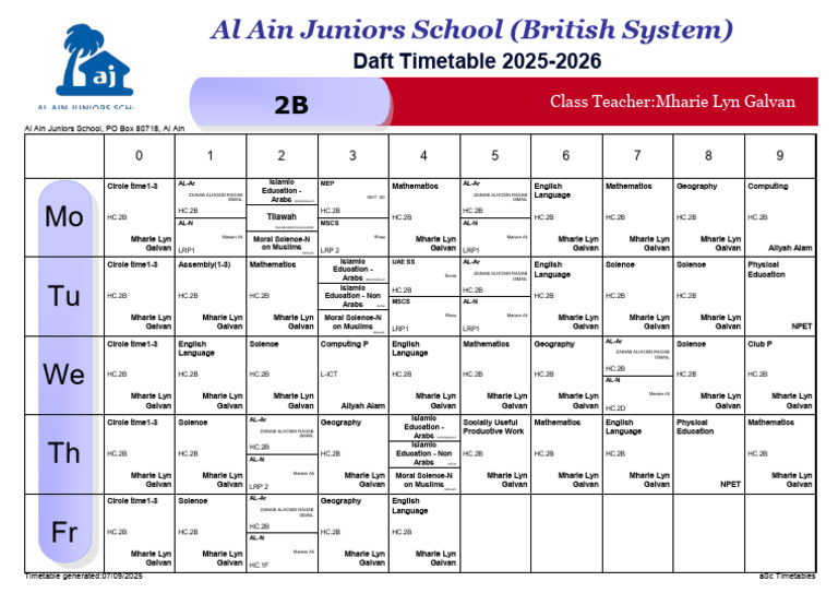 Al Ain Juniors School 2B Timetable 2025-2026 | PDF | Asia | Monotheism